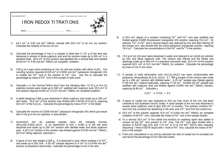 Chemsheets - co.UkIron Redox Questions | PDF | Iron | Titration