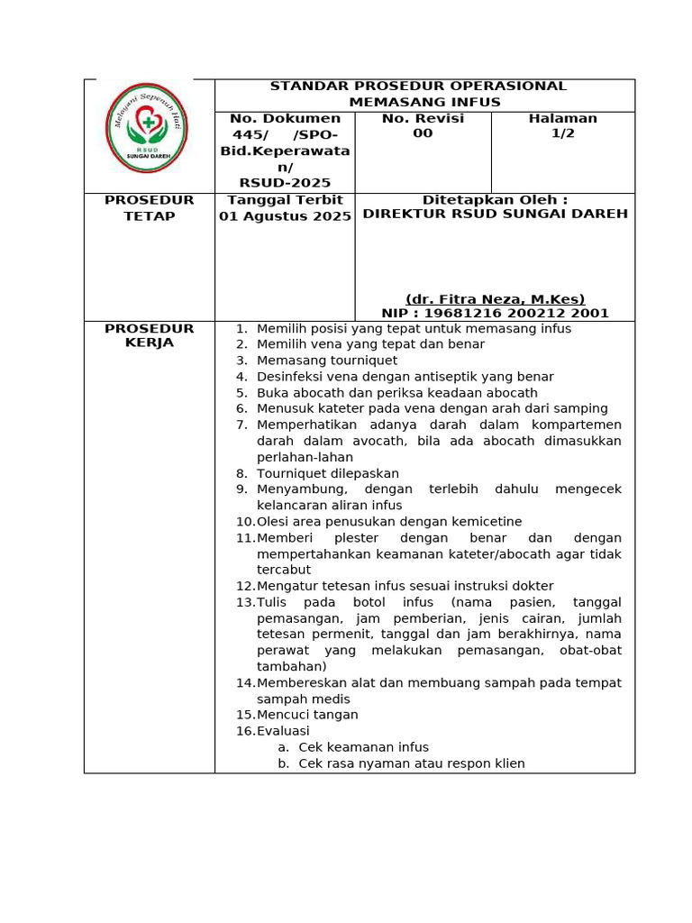 Prosedur Pemasangan Infus RSUD 2025 | PDF