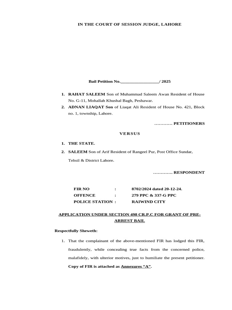 Pre-Arrest Bail Petition Lahore 2025 | PDF | Bail | Affidavit