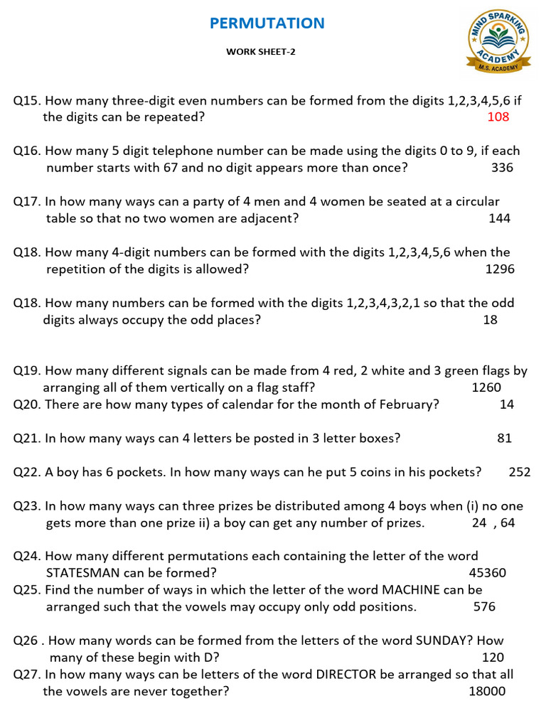 Permutation Woerk Sheet 2 | PDF