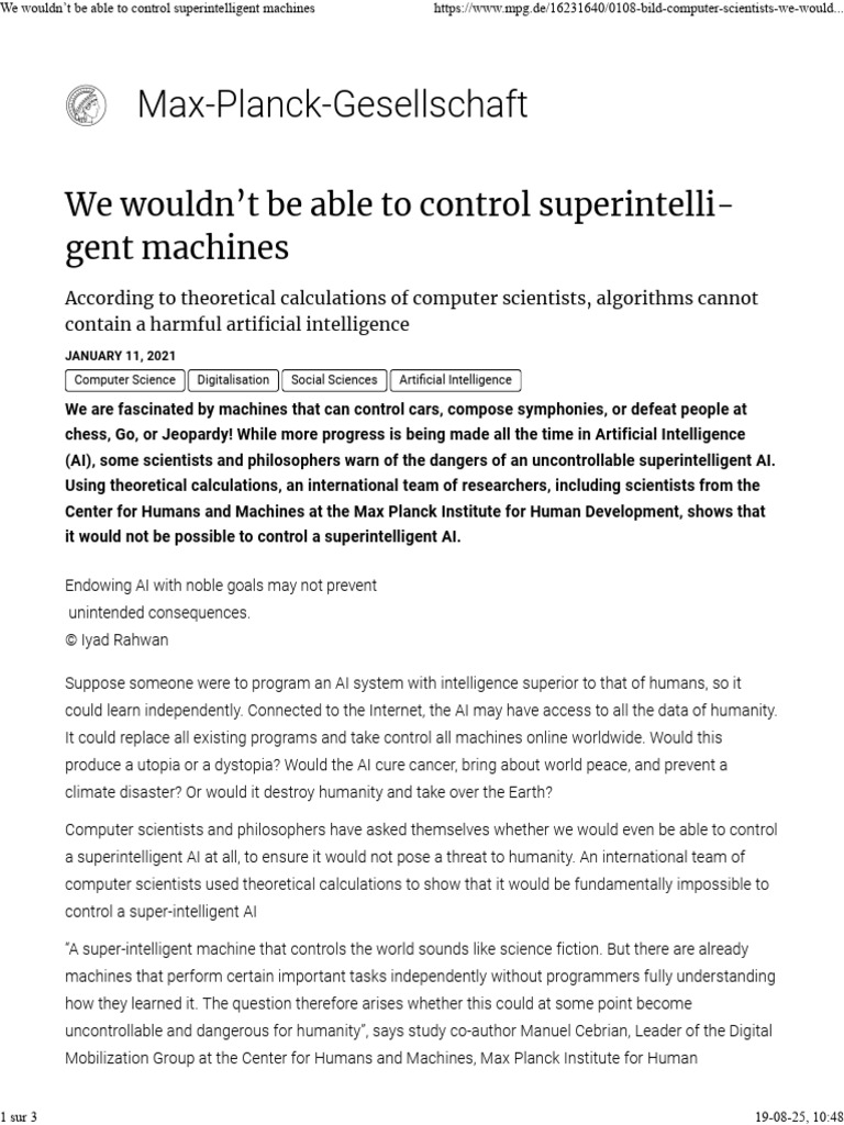 We Wouldn't Be Able To Control Superintelligent Machines | PDF ...