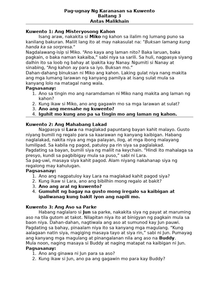 Baitang 3-Antas 3-Malikhain-Pag-ugnay NG Karanasan Sa Kuwento | PDF