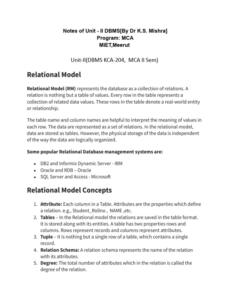 Notes of Unit - II DBMS updated | PDF | Relational Model | Relational ...