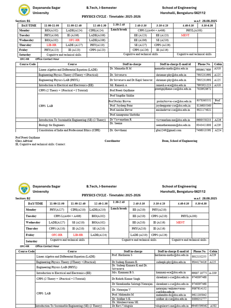 B.Tech Physics Cycle Timetable 2025-26 | PDF | Engineering | Algebra