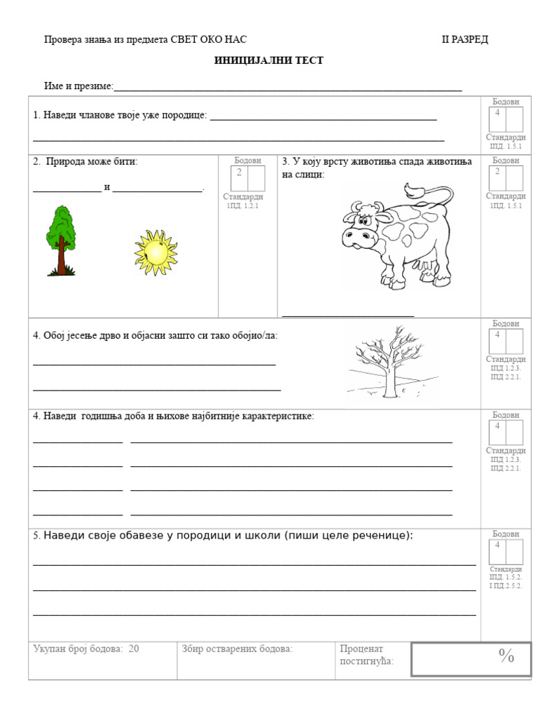 Inicijalni Test Svet Oko Nas Za Drugi Razred | PDF