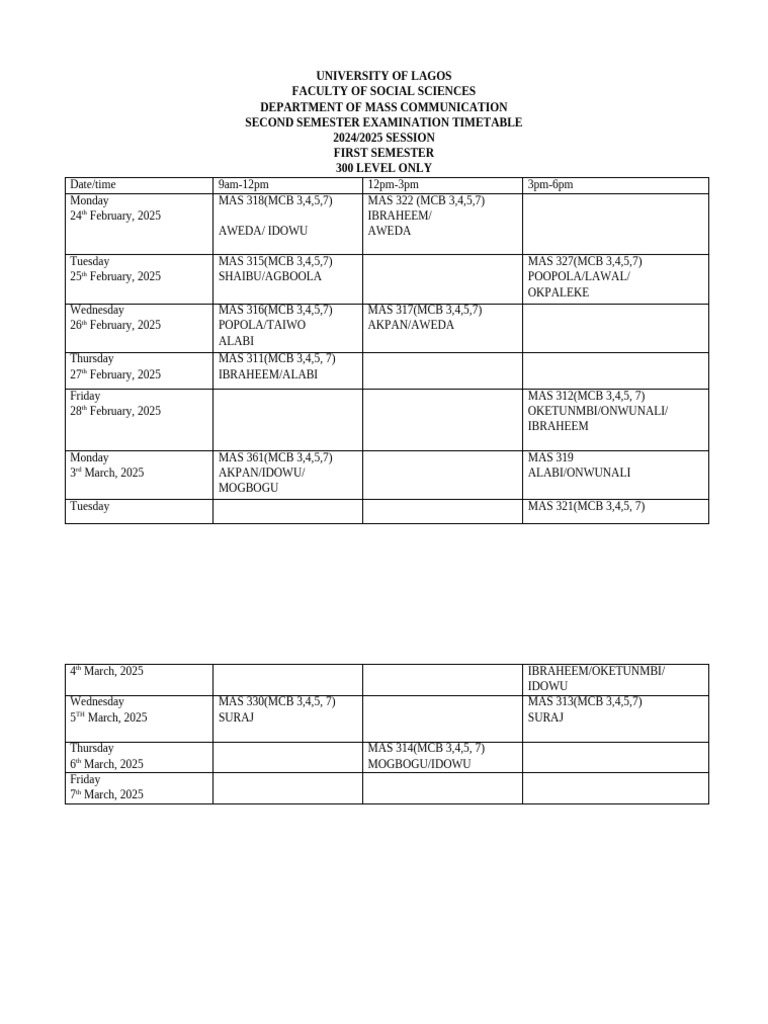 300L First Semester Examination Time Table-2024-2025 Session-1 | PDF