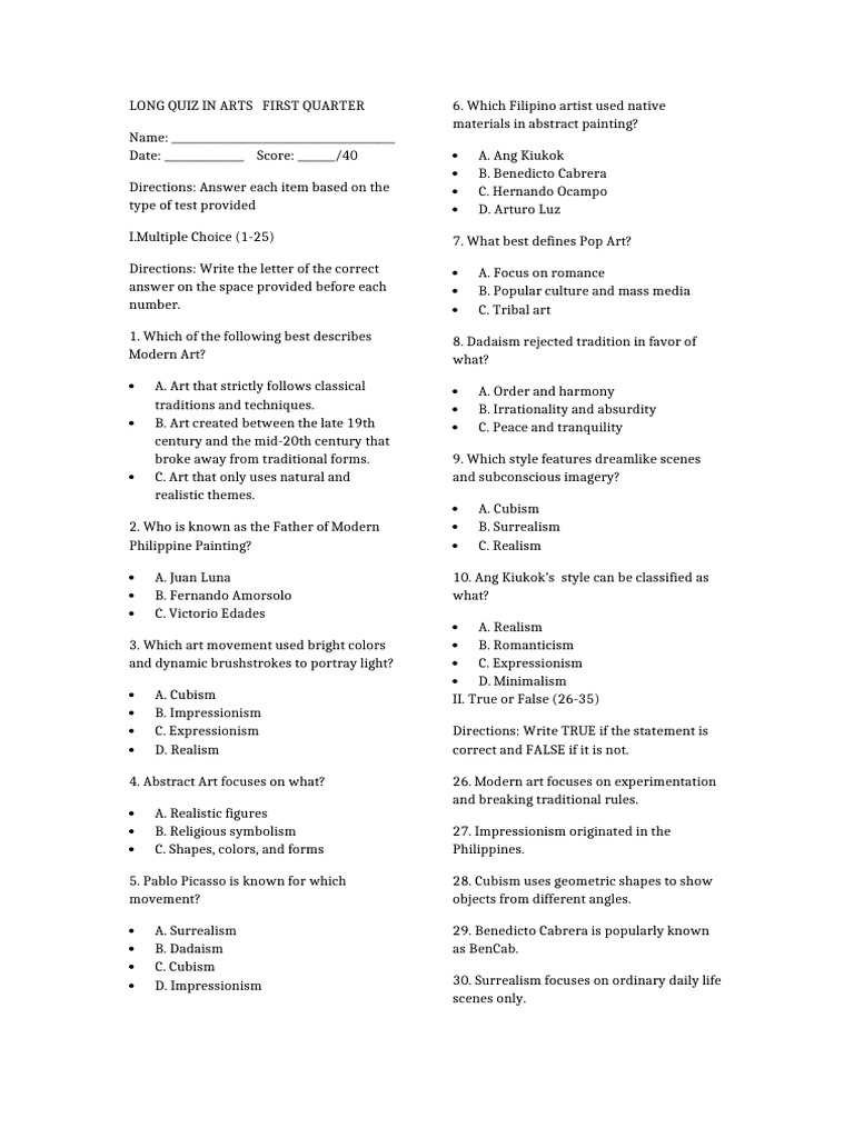 G10 Arts Modern Arts Quiz Mixed Types | PDF | Modern Art | Paintings