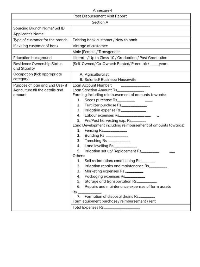 Post Disbursement Visit Report - Annexure I | PDF | Agriculture