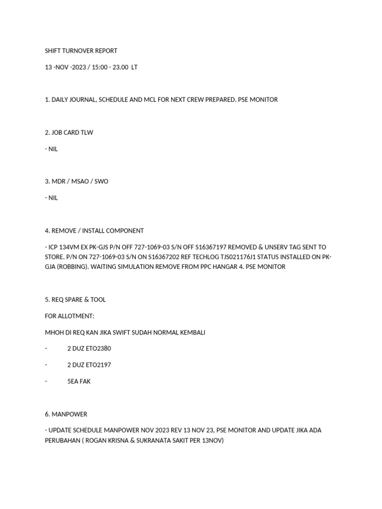 Shift Turnover Report | PDF