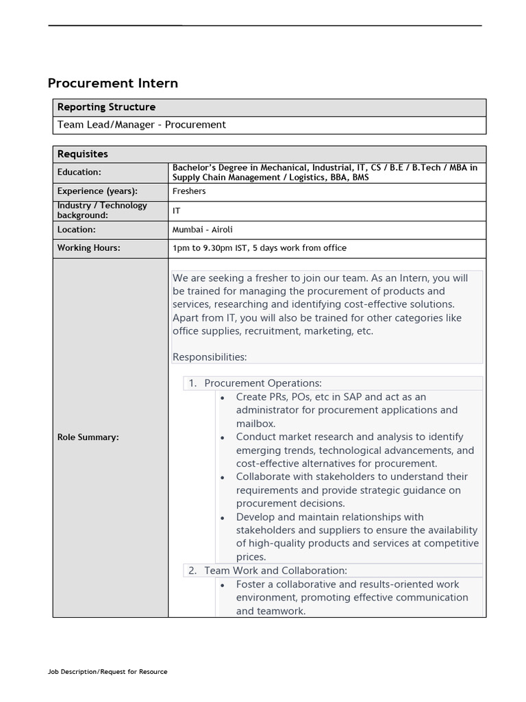 Procurement Intern Job Description | PDF | Procurement | Supply Chain