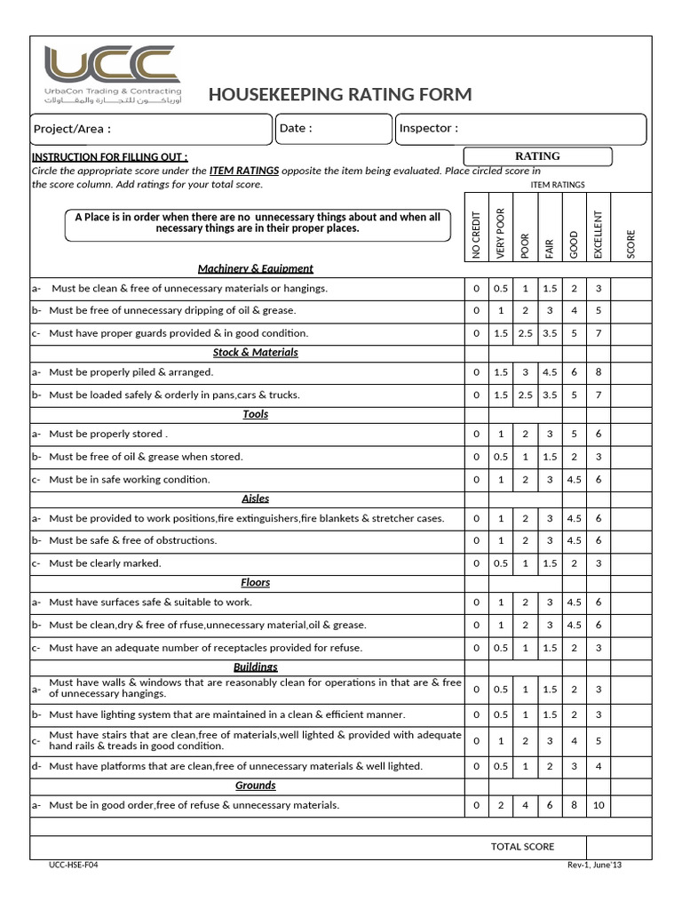 Housekeeping Rating Evaluation Form | PDF
