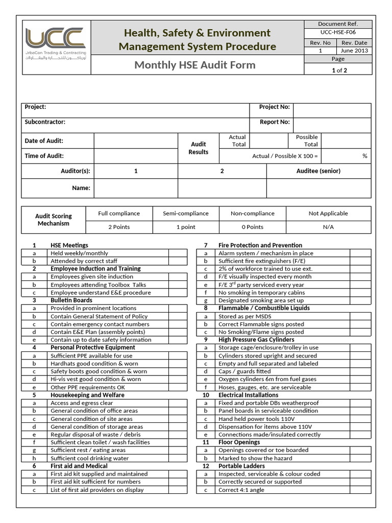 Monthly HSE Audit Report Template | PDF | Audit | Personal Protective ...