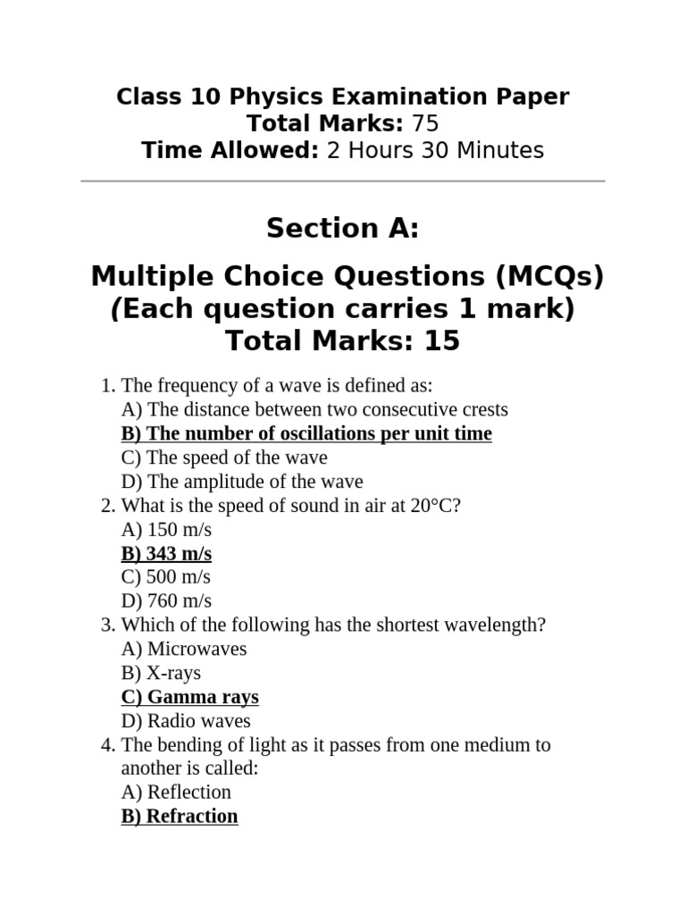 Class 10 Physics Exam Paper Guide | PDF | Electromagnetic Radiation | Waves