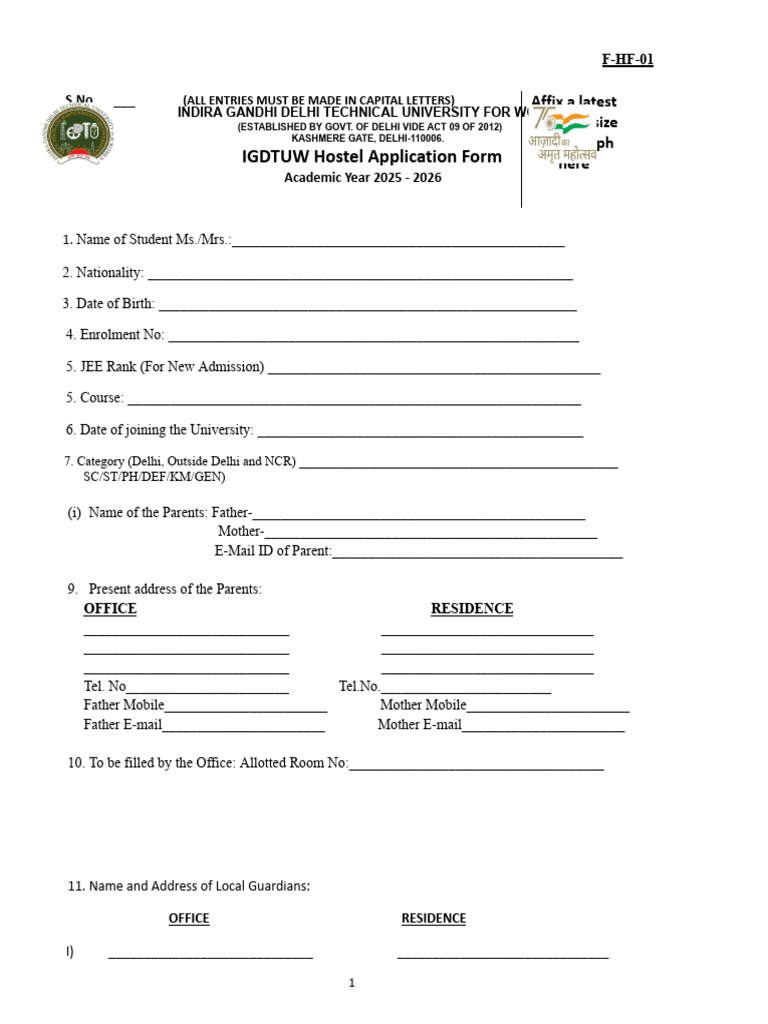 Hostel Admission Form 2025-26 | PDF