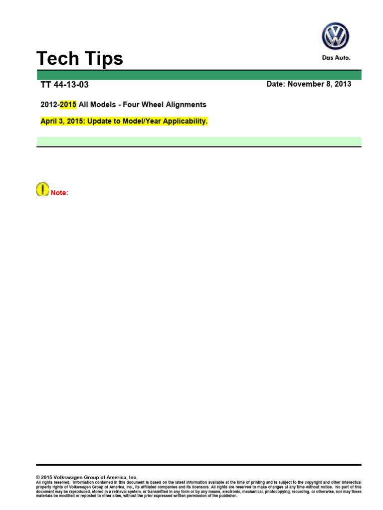 Four Wheel Alignment Guide for VW Models | PDF | Steering | Copyright