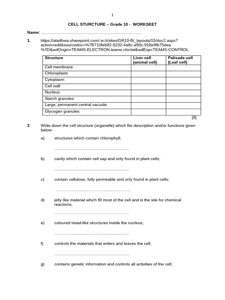 Grade 10 Cell Structure Worksheet | PDF | Cell (Biology) | Vacuole