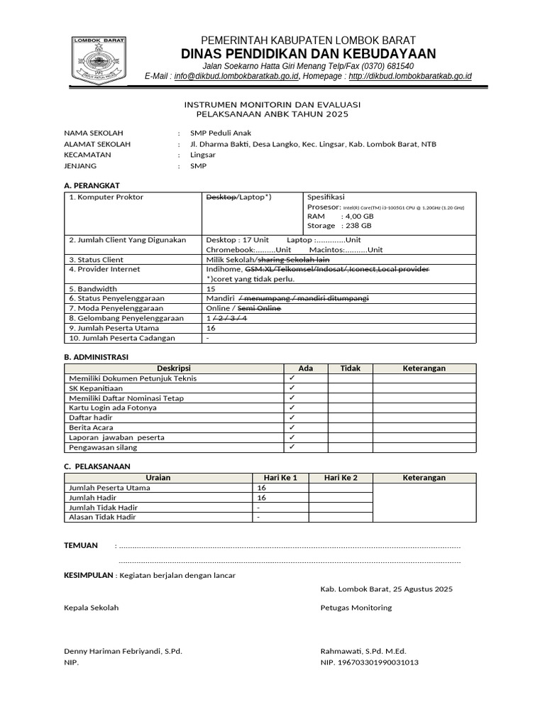 Instrumen Monev Anbk 2025 SMP Peduli Anak | PDF