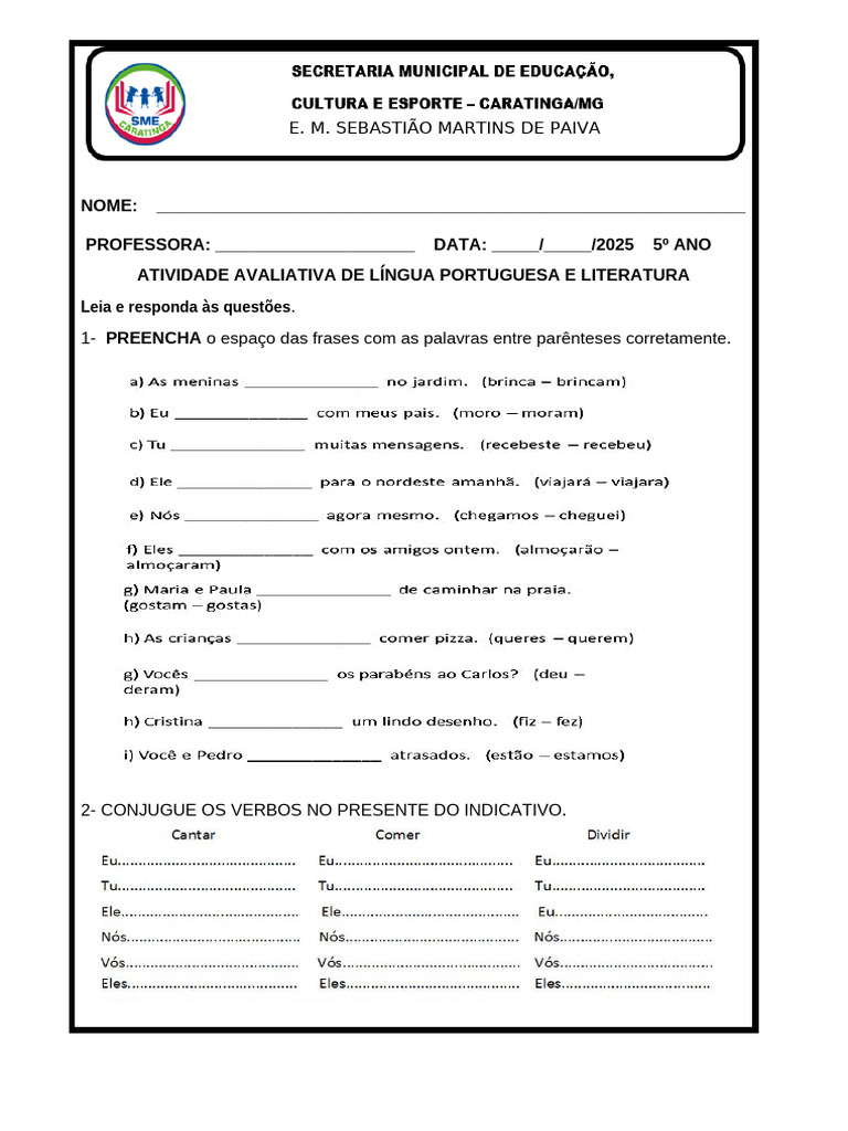 Prova 5 Ano 2 Bimestre 2025 | PDF | Alimentos | Teatro