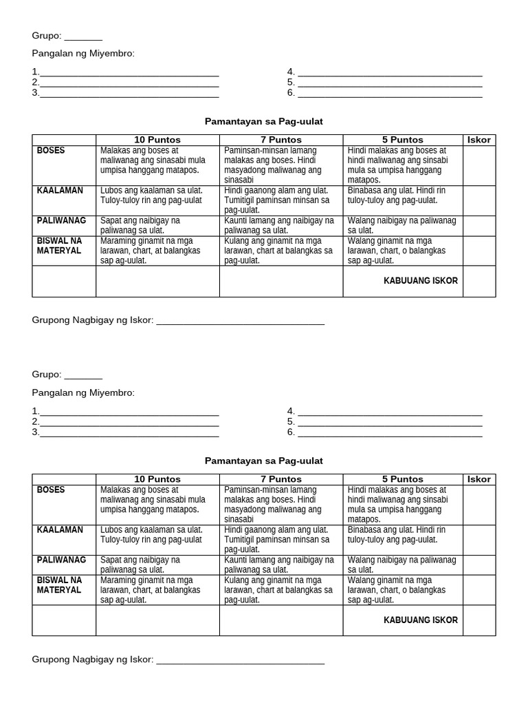Rubriks Sa Pagrereport | PDF