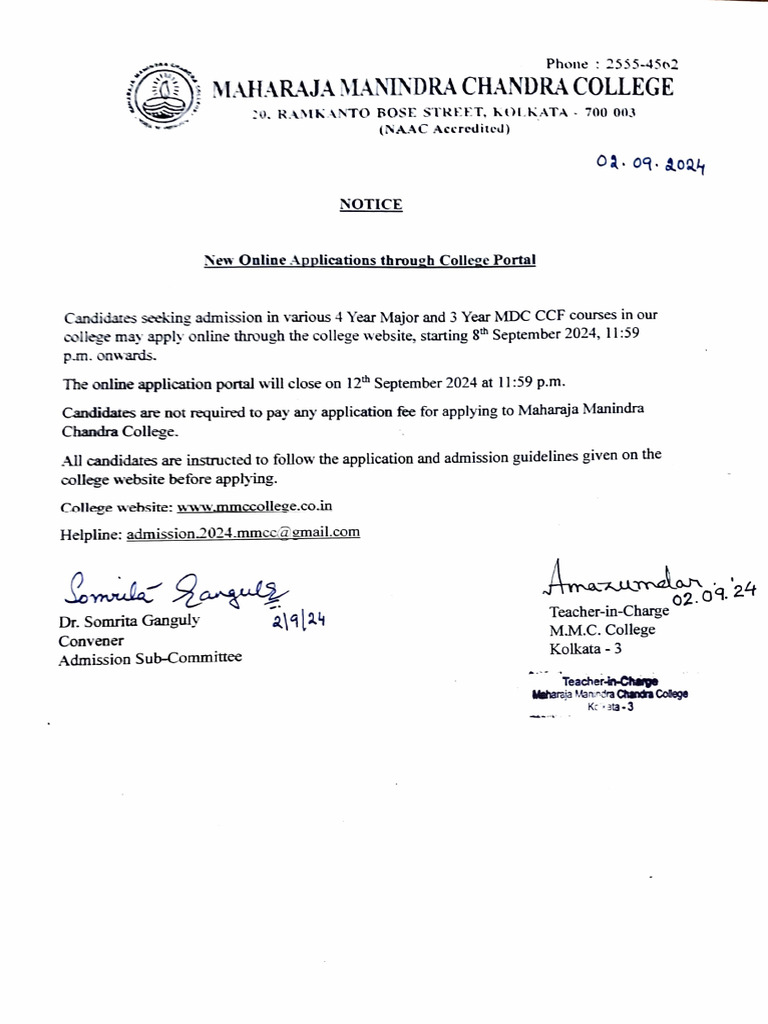 Maharaja Manindra College Admission 2024 | PDF