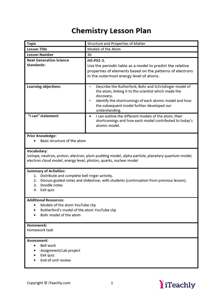 1 3b Lesson Plan Models of The Atom | PDF