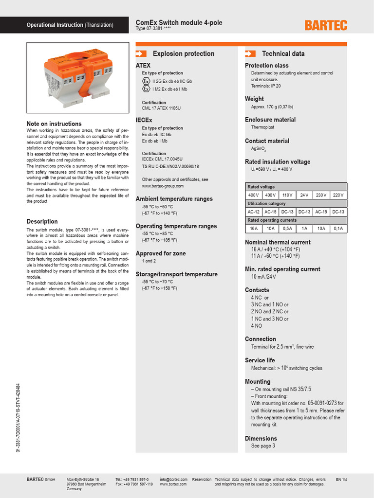 Bartec - ComEx - Switch - Module - 4pole - en | PDF | Switch | Electricity