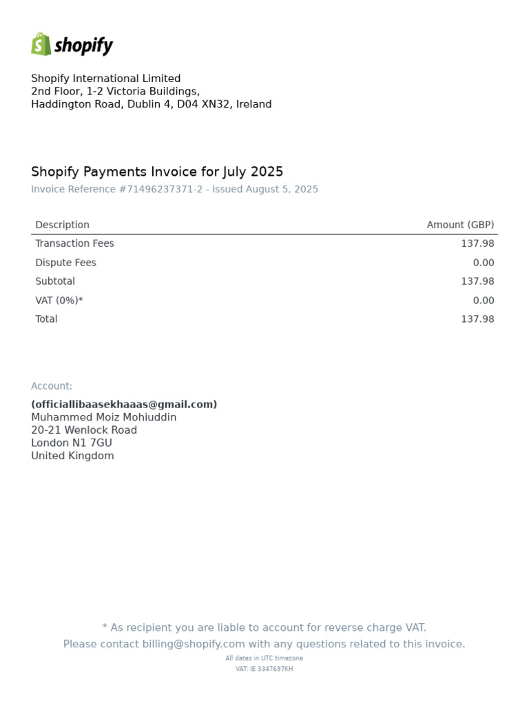 Shopify Payments Invoice For July 2025 | PDF
