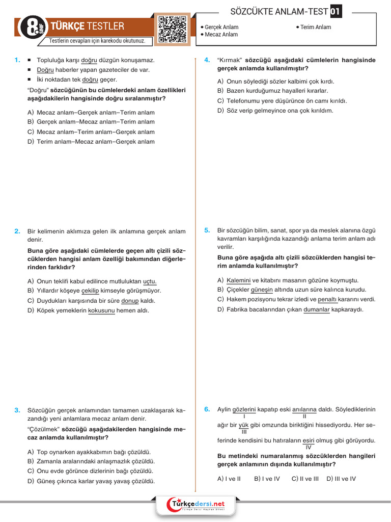 Sinif Indirilebilir Testler Sozcukte Anlam 01 | PDF