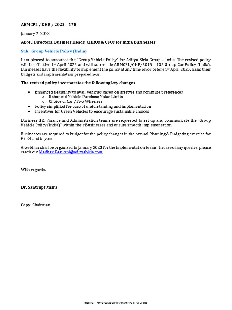 Aditya Birla Group Vehicle Policy 2023 | PDF | Policy | Economies