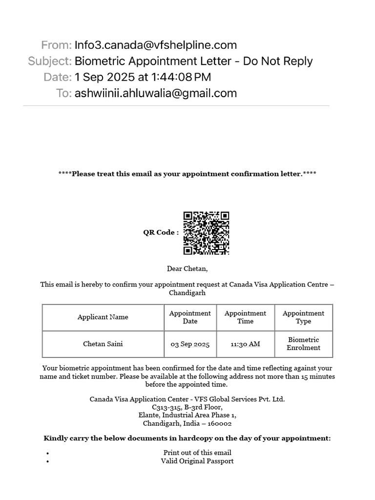 VFS Appointment Confirmation Letter | PDF | Travel Visa | Government ...