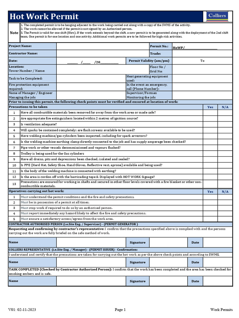 Hot Work Permit Template and Guidelines | PDF | Occupational Safety And ...
