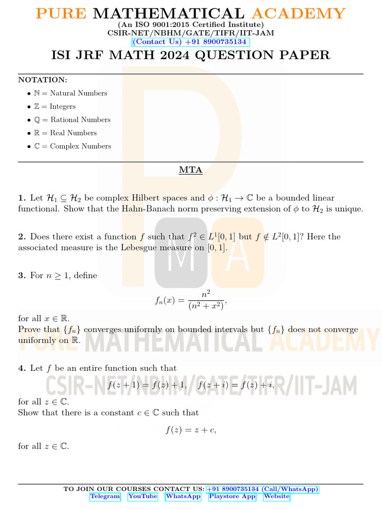 ISI JRF Math 2024 Question Paper | PDF | Prime Number | Measure ...