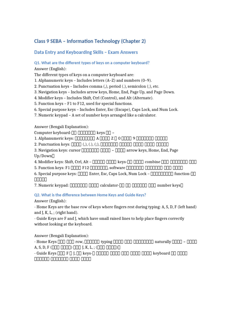 Class 9 SEBA IT Chapter 2 Full Exercises | PDF | Computer Keyboard | Human–Computer Interaction