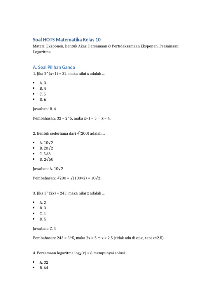 Soal HOTS Matematika Kelas10 Full | PDF