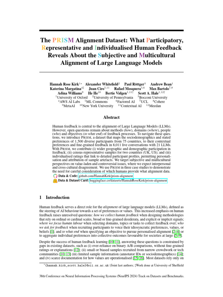 PRISM Dataset: Multicultural LLM Feedback | PDF
