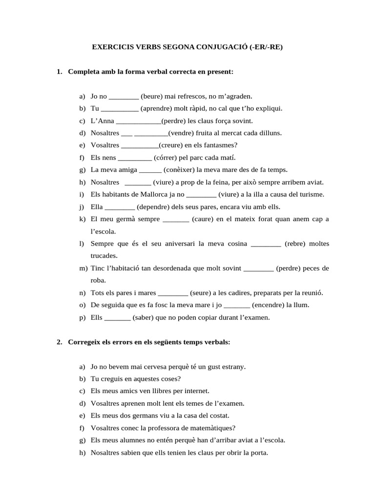 Exercicis Verbs Segona Conjugació | PDF