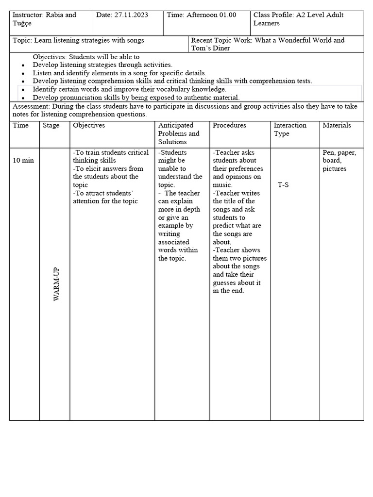 Listening Strategies with Songs for A2 Learners | PDF | Reading ...