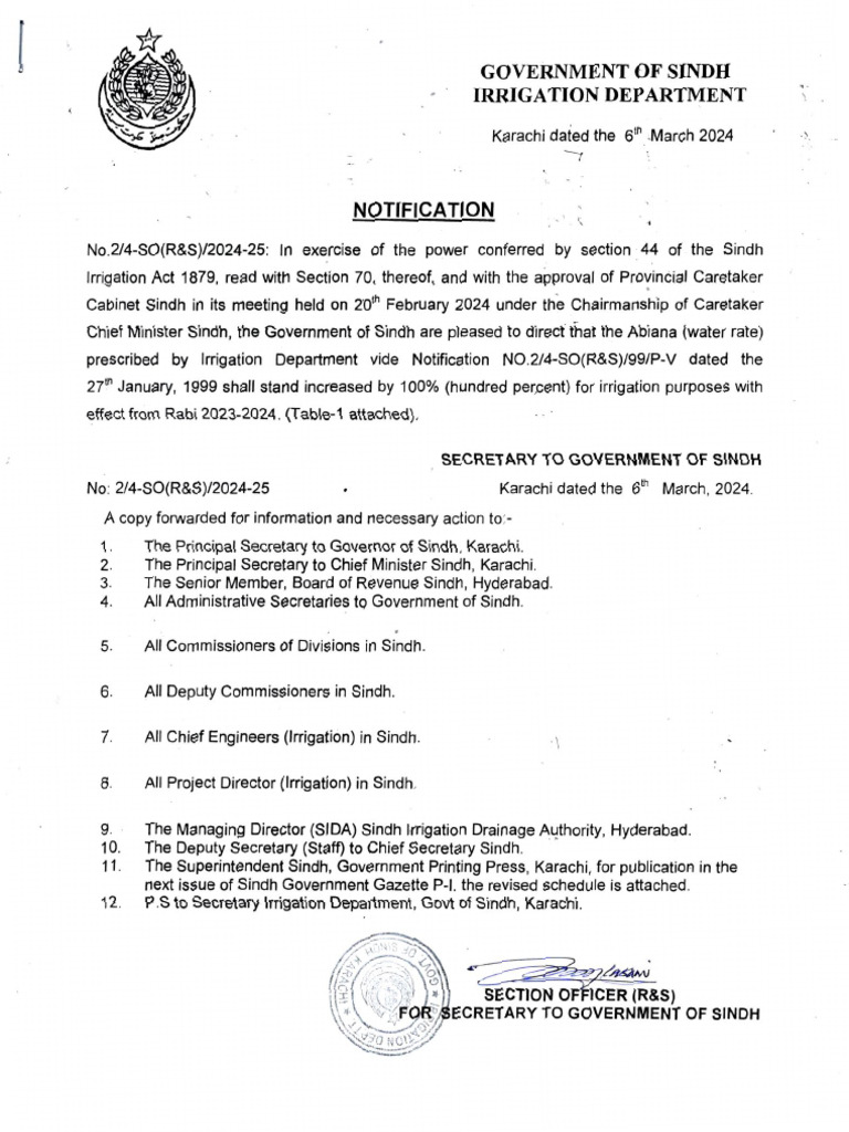 Sindh Irrigation Water Rate Increase Notification | PDF | Agriculture ...