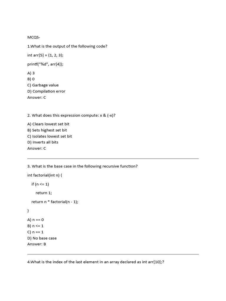 C Programming MCQs on Arrays and Recursion | PDF | Computer ...