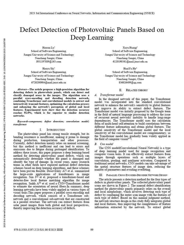 Defect Detection of Photovoltaic Panels Based on Deep Learning | PDF | Deep Learning | Applied ...