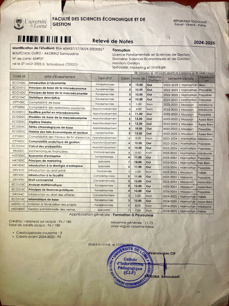 Releve de Notes | PDF