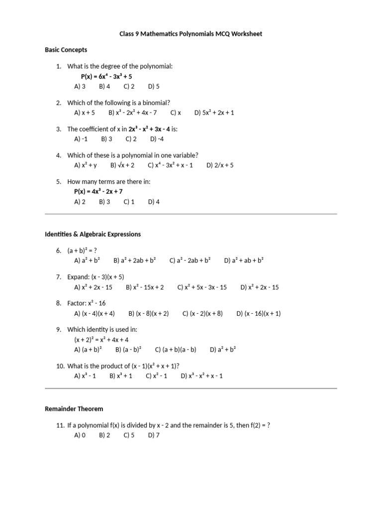 Class 9 Mathematics Polynomials MCQ Worksheet | PDF | Discrete Mathematics | Number Theory