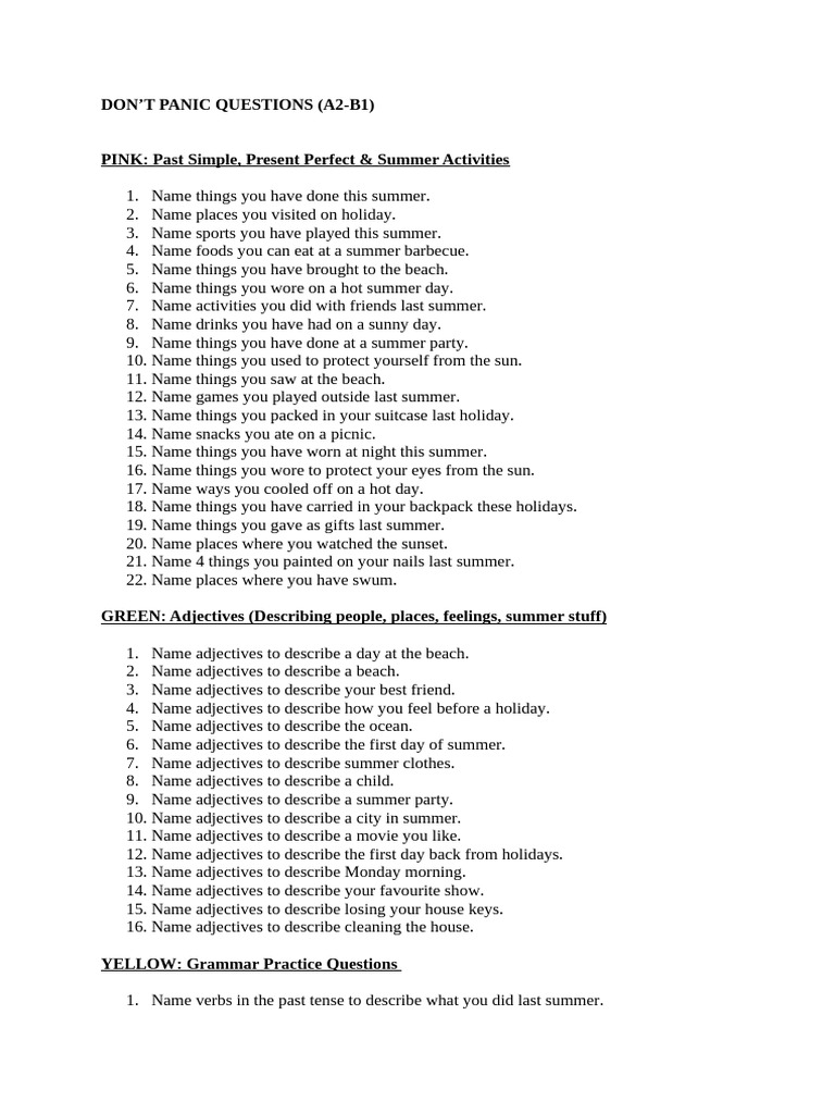 Don't Panic Questions A2-B1 | PDF | Grammatical Tense | Verb