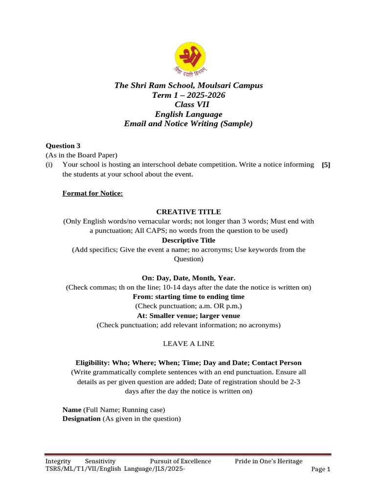 Notice Writing Sample for Class 7 | PDF | Orthography | Writing