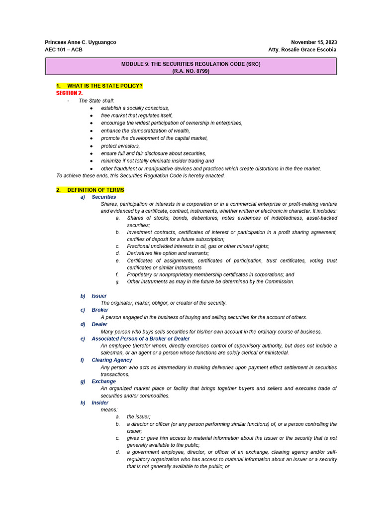 Overview of the Securities Regulation Code | PDF | Securities (Finance ...
