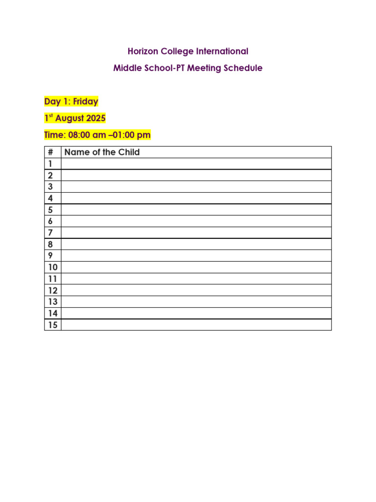 Horizon College International PTA Schedule | PDF