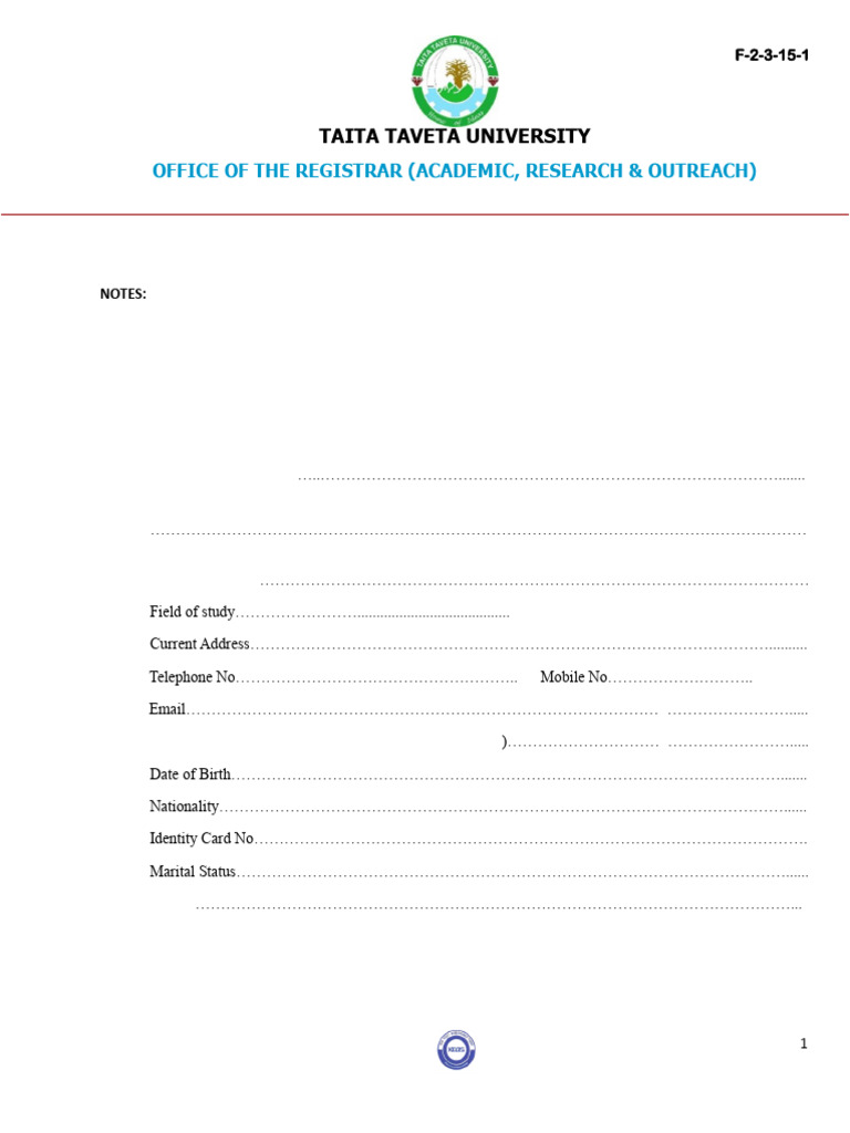 Postgraduate Application Form For Taita Taveta University | PDF | Educational Stages