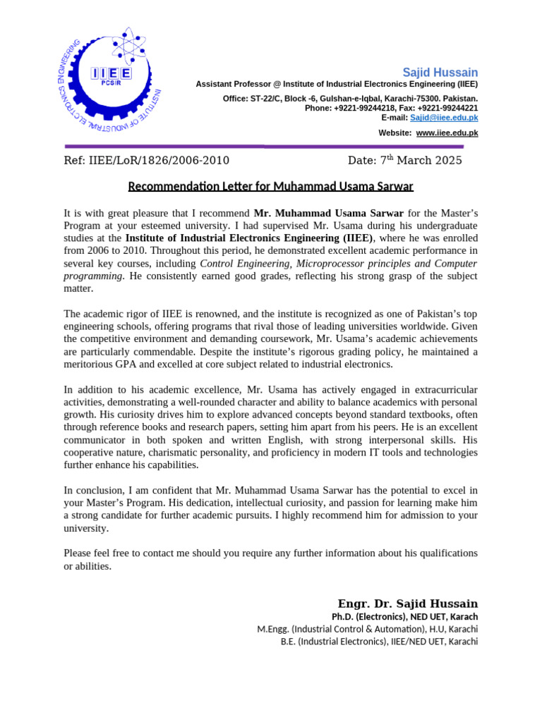 Recommendation for Muhammad Usama Sarwar | PDF