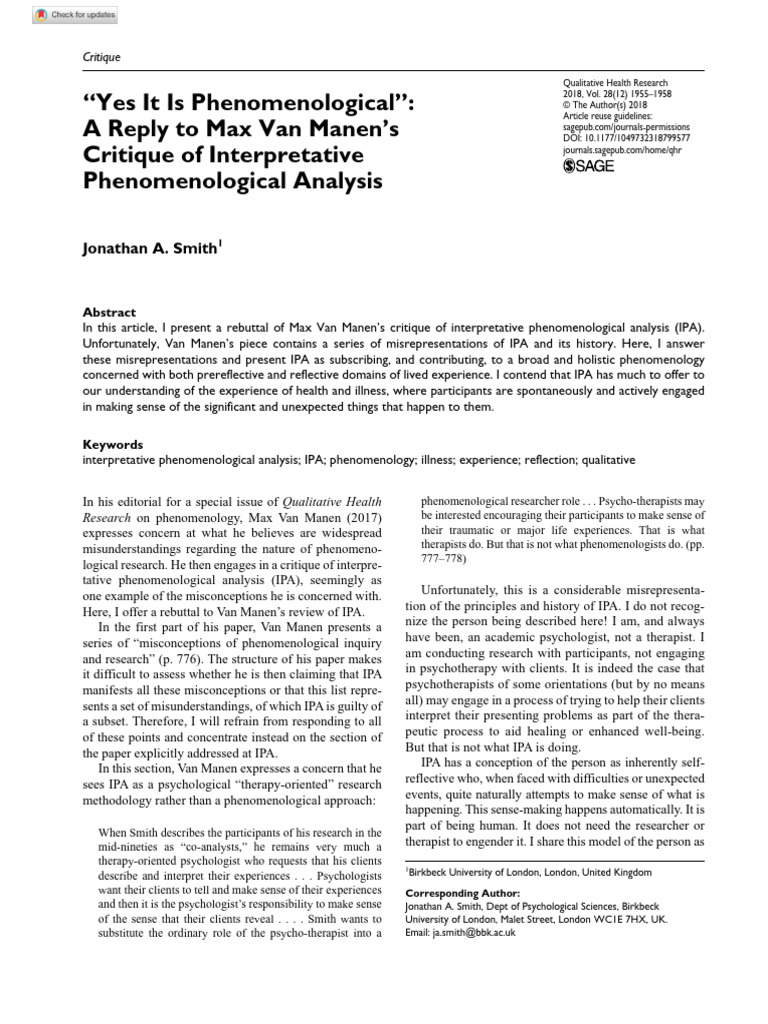 Rebuttal of IPA Critique by Van Manen | PDF | Experience | Psychotherapy