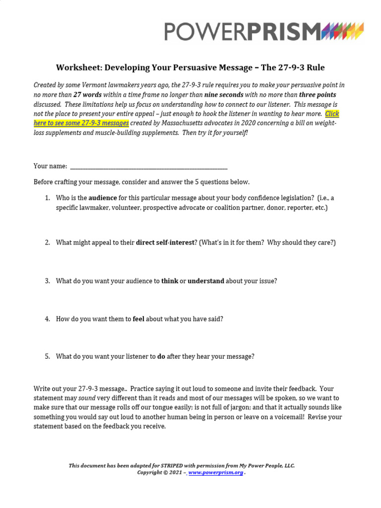 Worksheet Developing Your Persuasive Message The 27-9-3 Rule | PDF